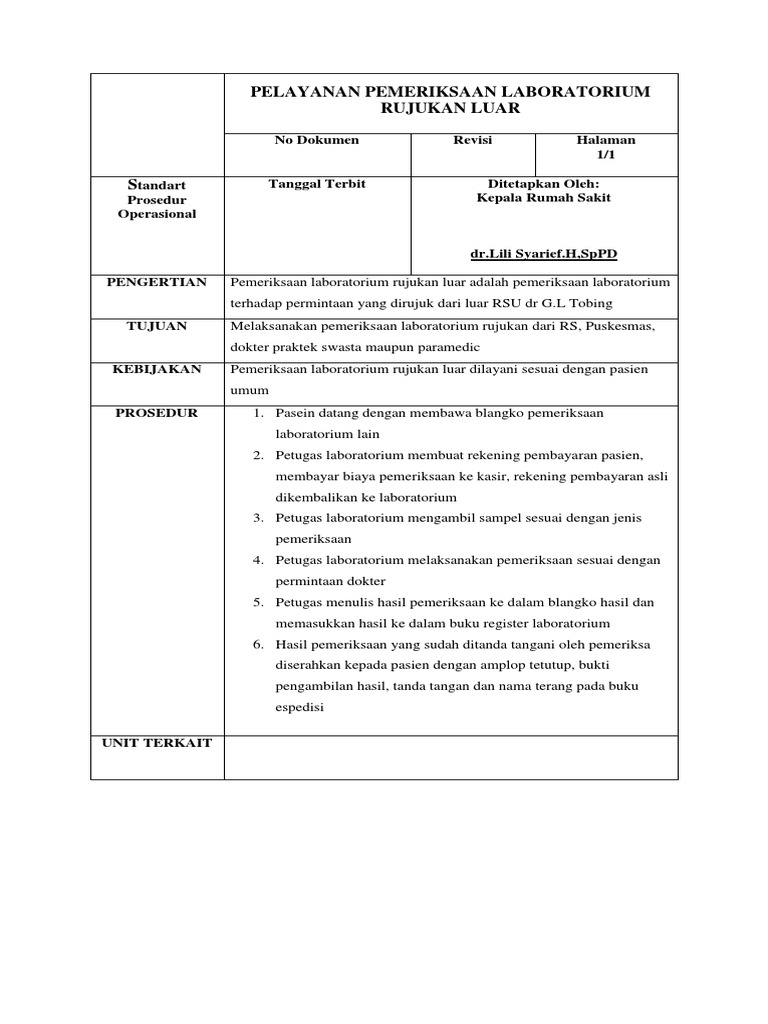 Sop Pelayanan Pemeriksaan Laboratorium Rujukan Luar | PDF