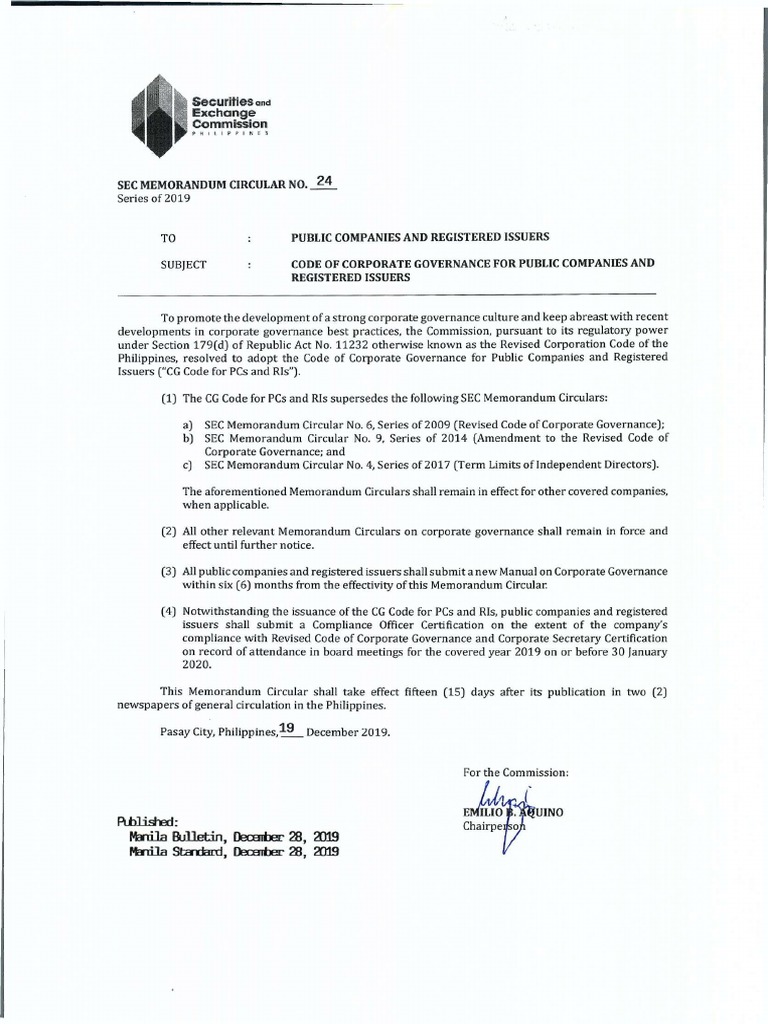 SEC MC No. 24, Series of 2019 PDF | PDF | Board Of Directors | Internal ...