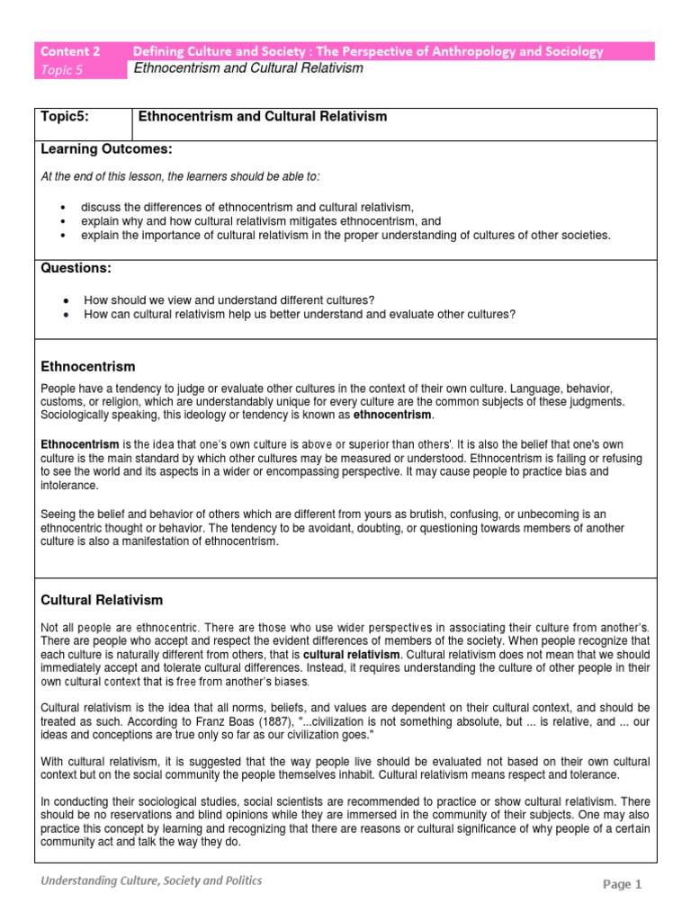 Topic 5 Ethnocentrism and Cultural Relativism | PDF | Relativism ...