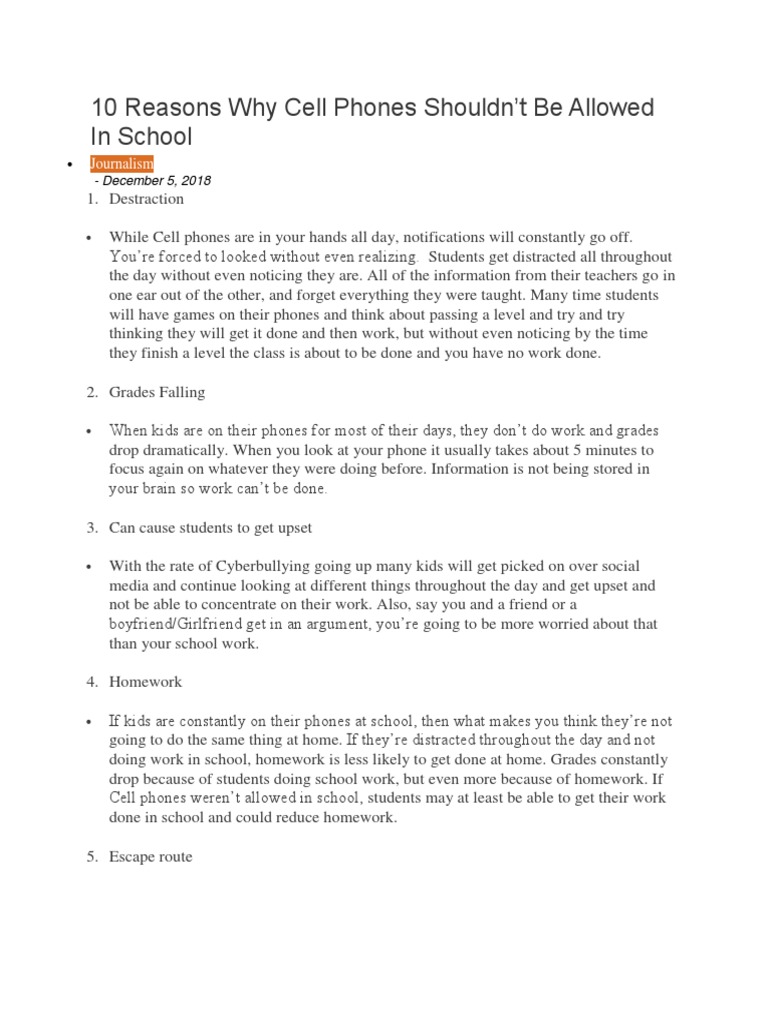 10 Reasons Why Cell Phones Shouldn | PDF | Bullying | Homework