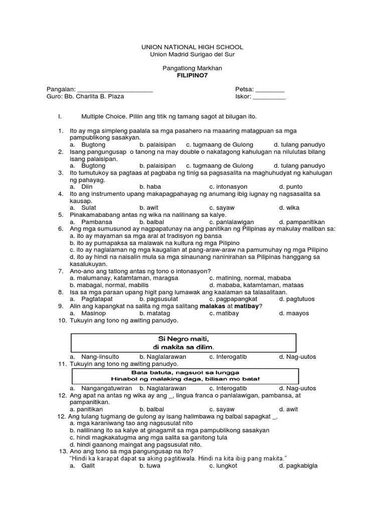 3rd Monthly Exam (Fil7) 2017-2018 | PDF
