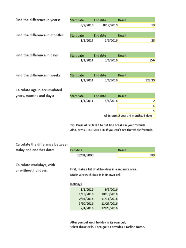 Calculate Difference Between Dates Pdf Microsoft Excel Computing