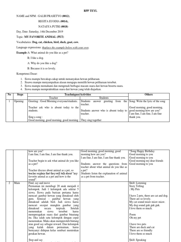 TEYL Lesson Plan: Favorite Pets | PDF | Domesticated Animals | Animals And Humans