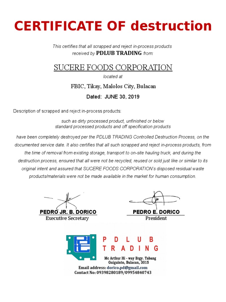 CERTIFICATE of DESTRUCTION | PDF