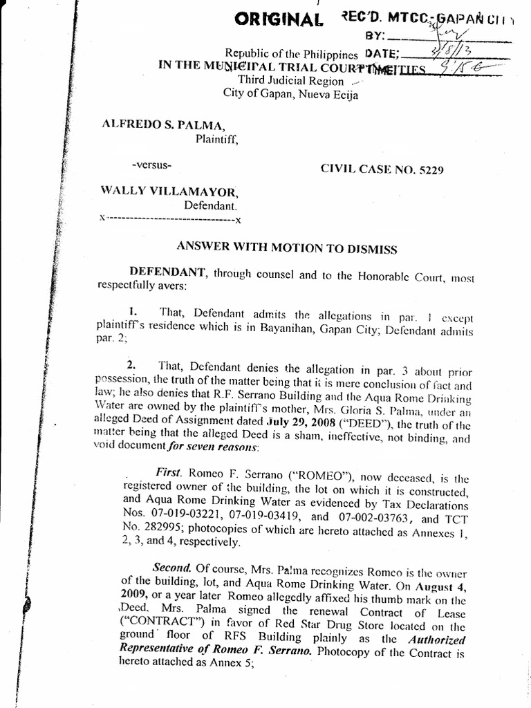 Answer With Motion To Dismiss | PDF | Service Of Process | Lawsuit