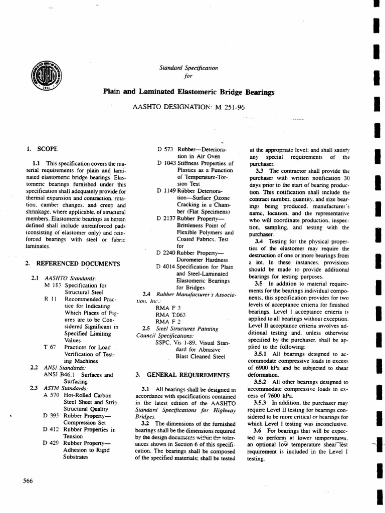 M 251-96 Plain and Laminated Elastomeric Bridge Bearings PDF | PDF