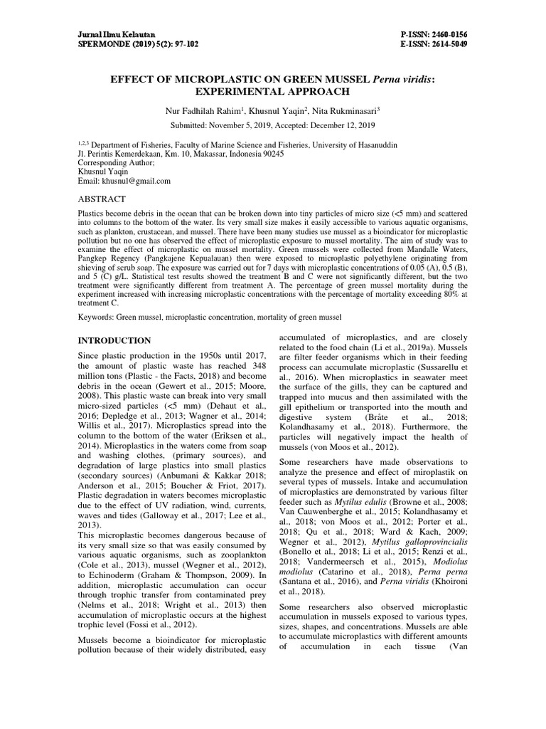 EFFECT OF MICROPLASTIC ON GREEN MUSSEL Perna Viridis Experimental ...