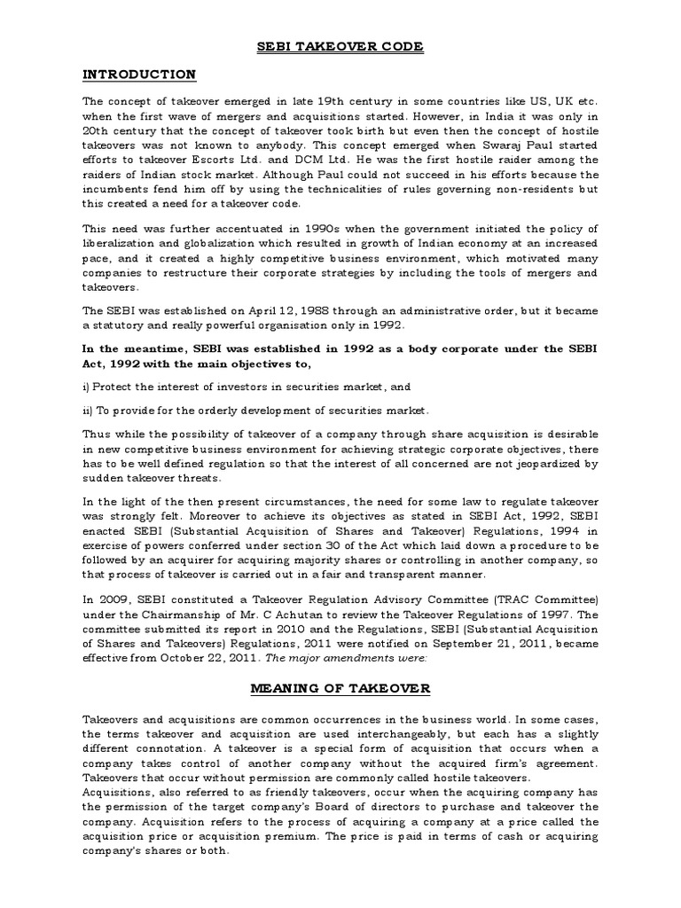 Overview of SEBI Takeover Code | PDF | Takeover | Stocks
