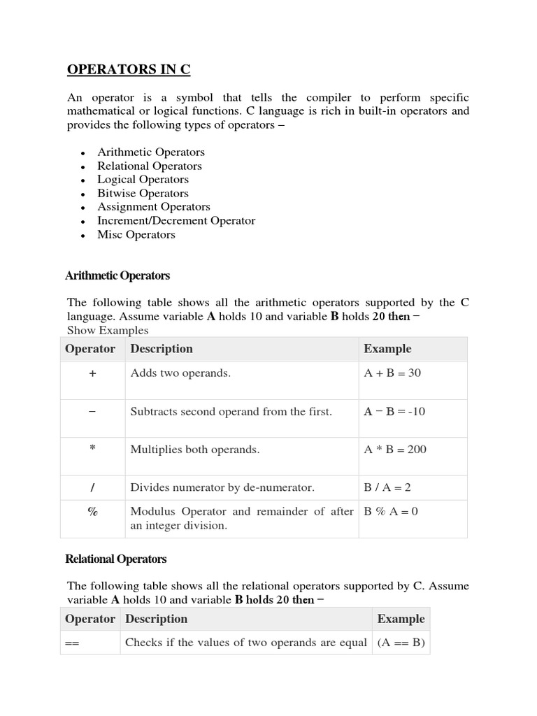 03-Operators in C | Download Free PDF | C (Programming Language ...