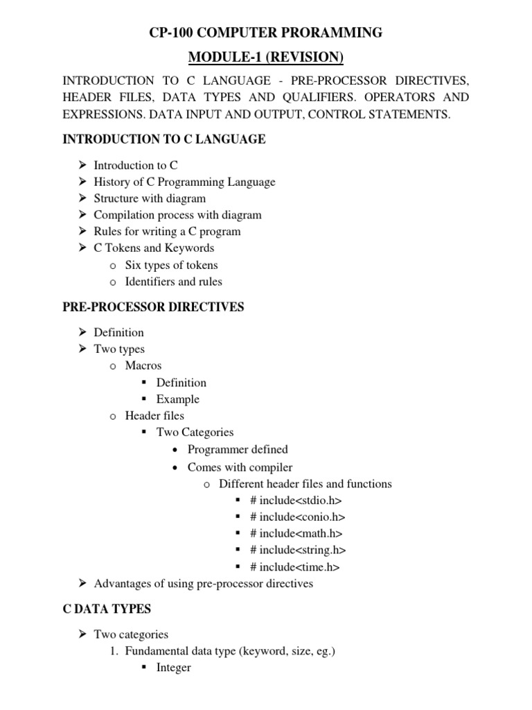 CP-M1 Short Notes | PDF | C (Programming Language) | Data Type