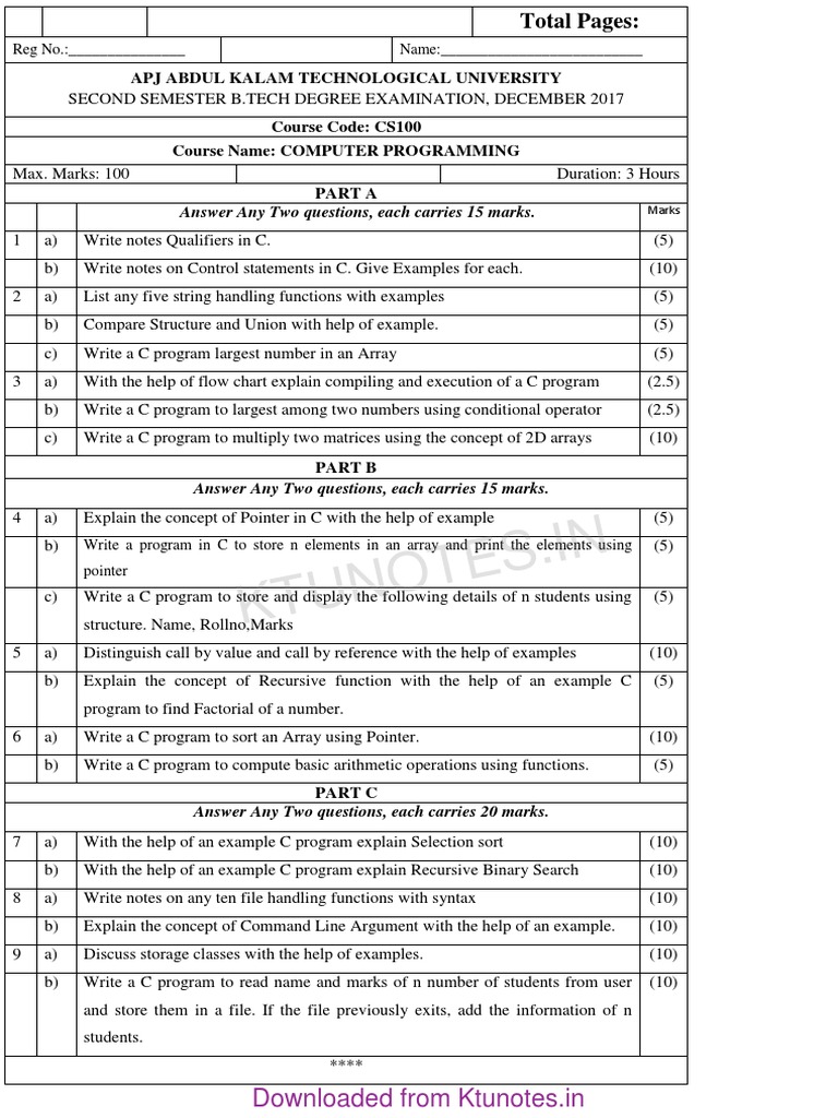CS-100-QP2-Solved-KTU Notes PDF | PDF | C (Programming Language ...