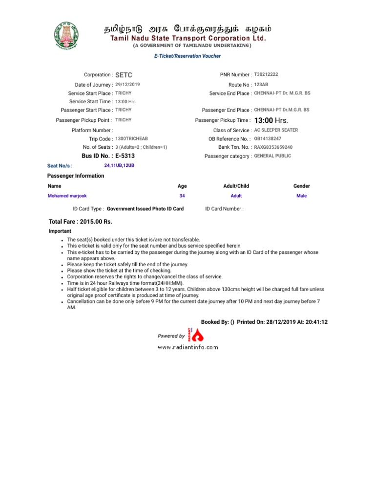 Book E-Ticket for SETC Bus Travel | PDF | Ticket (Admission) | Identity ...