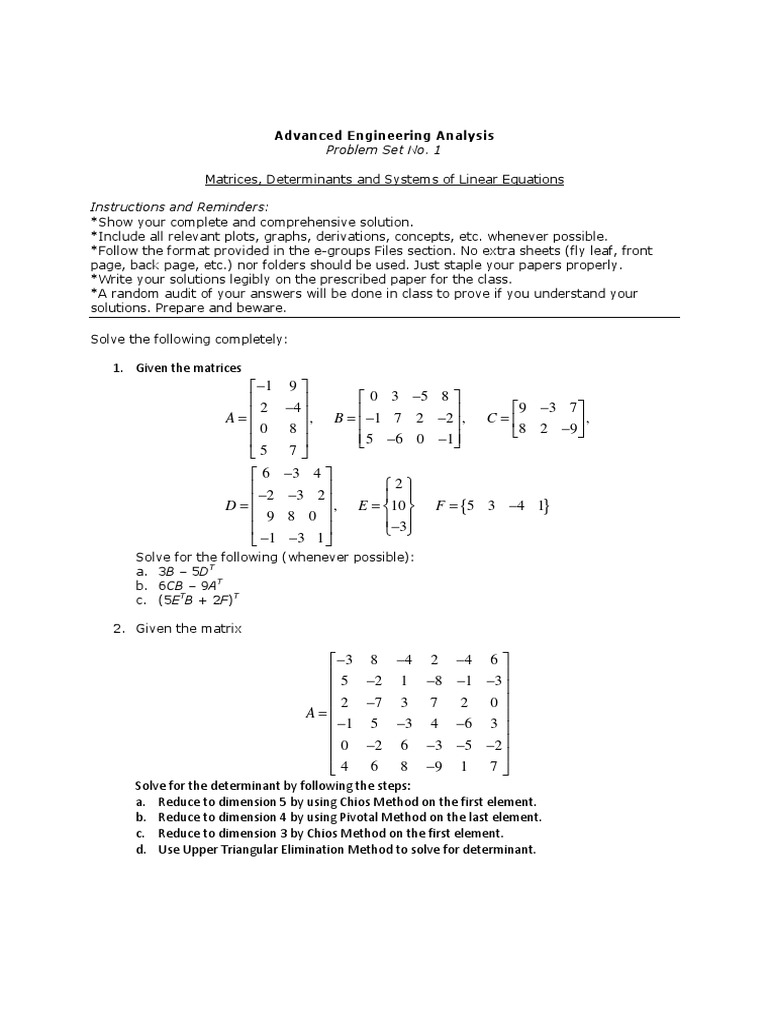 Problem Set No 1 2013-2014 | PDF | Determinant | Matrix (Mathematics)