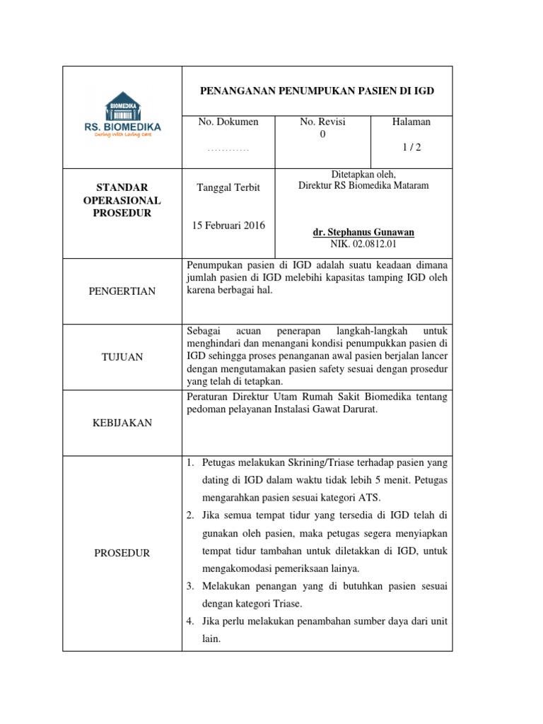 Sop - Penanganan Penumpukan Pasien Di Igd | PDF