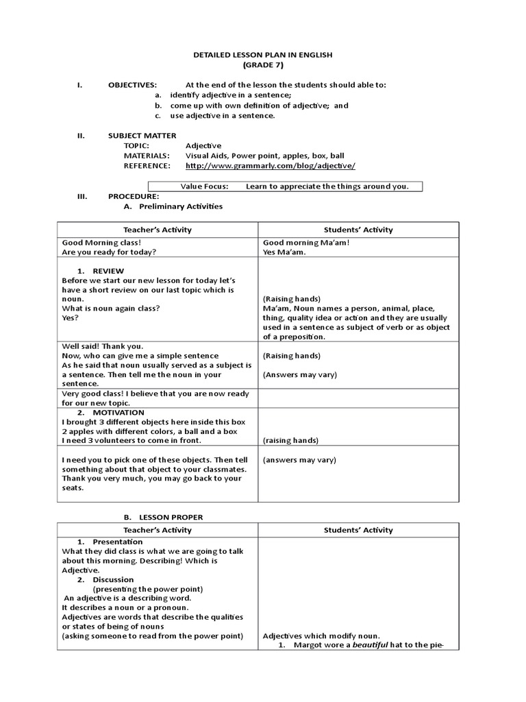 A Detailed Lesson Plan on Adjectives: Identifying, Defining, and Using ...