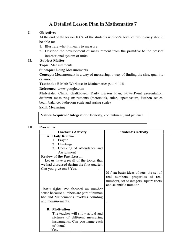 A Detailed Lesson Plan in Mathematics 7 | PDF | Length | Measurement