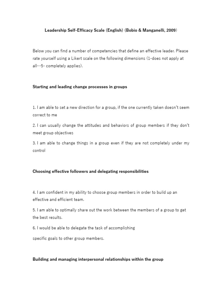 Leadership Self-Efficacy Scale | PDF