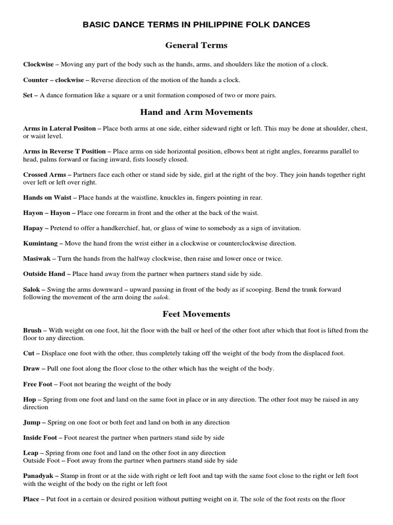 Basic Dance Terms in Philippine Folk Dances 1 | PDF | Foot | Arm