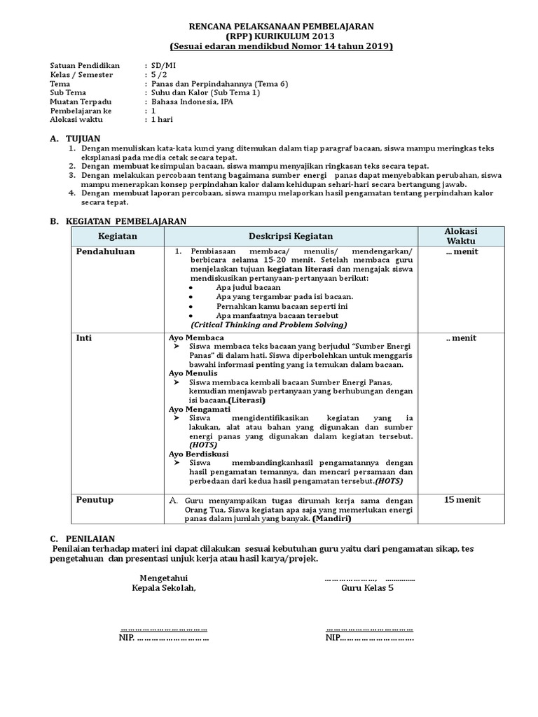 Contoh RPP 1 Lembar SD Kelas 5 Semester Tahun 2020 | PDF