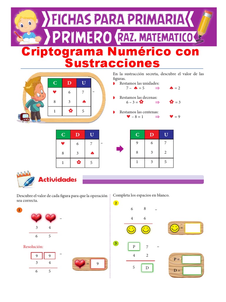 Criptograma Númerico Con Sustracciones para Primero de Primaria | PDF | Enseñanza de matemática