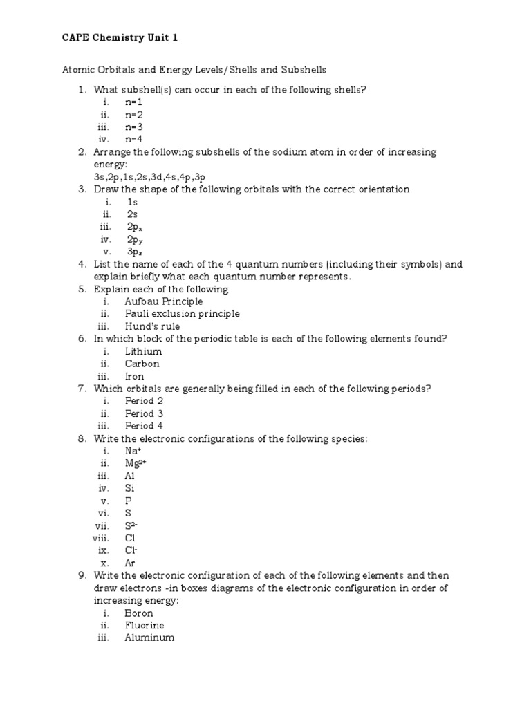 CAPE Unit 1 Chemistry Atomic Orbitals and Energy Levels Worksheet | PDF