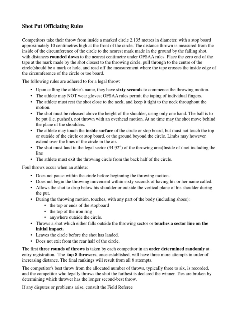 Shot Put Official Notes | PDF | Track And Field | Games Of Physical Skill
