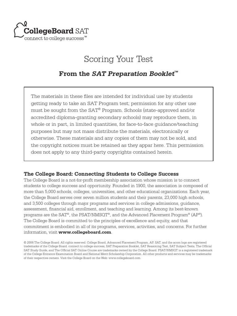 Scoring Your Test: From The SAT Preparation Booklet | PDF
