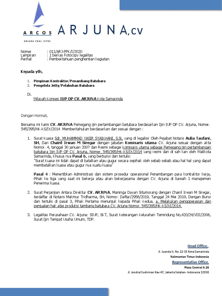 Penghentian Sementara Tambang CV. Arjuna | PDF