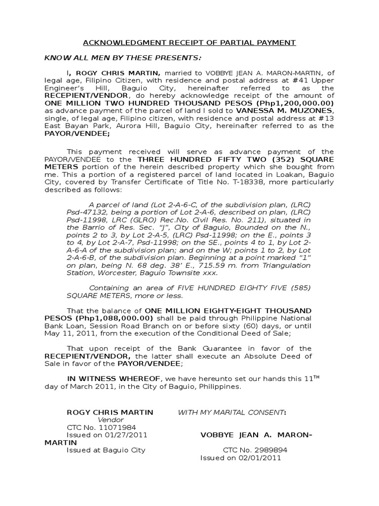 Acknowledgment Receipt of Partial Payment | PDF | Civil Law (Common Law ...