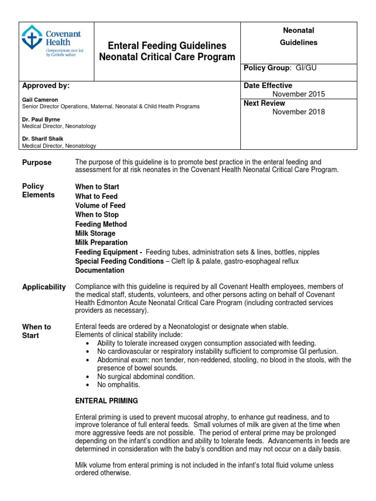 Enteral Feeding Guidelines | PDF | Breast Milk | Gastroesophageal ...