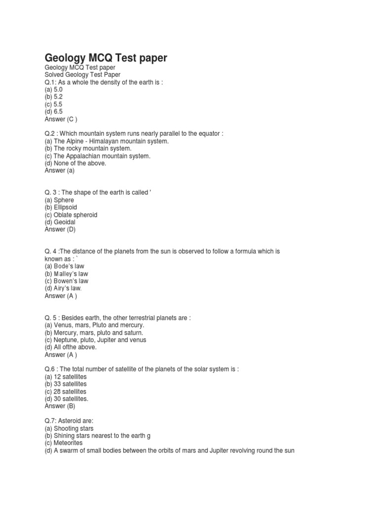 Geology MCQ Test Paper with Answers | PDF | Structure Of The Earth ...