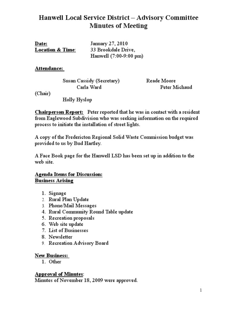 HLSD Minutes Jan 27 2010 | PDF | Government