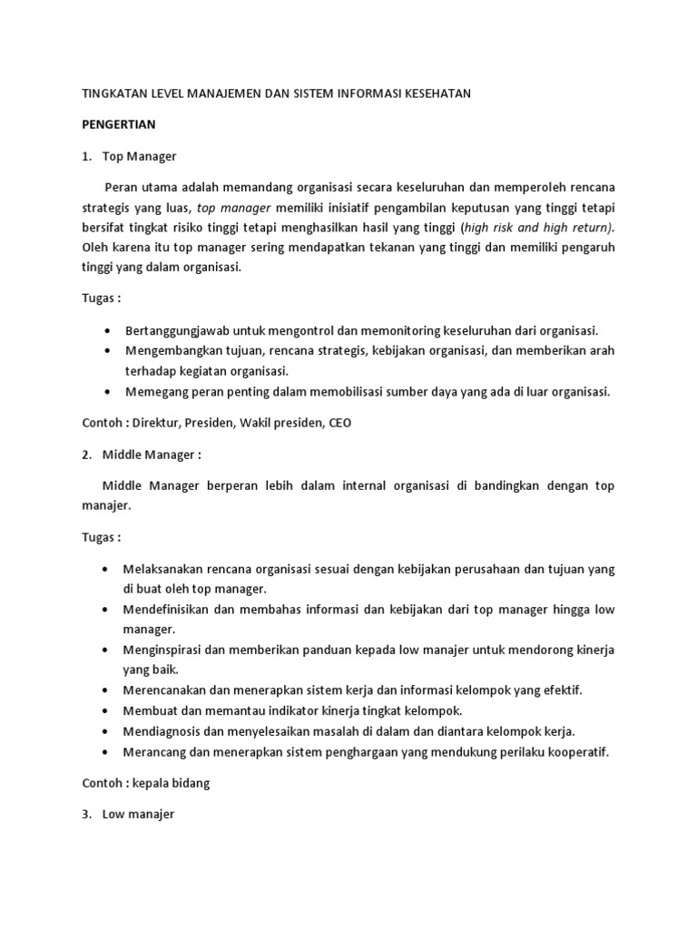 Tingkatan Level Manajemen Dalam Organisasi Kesehatan | PDF