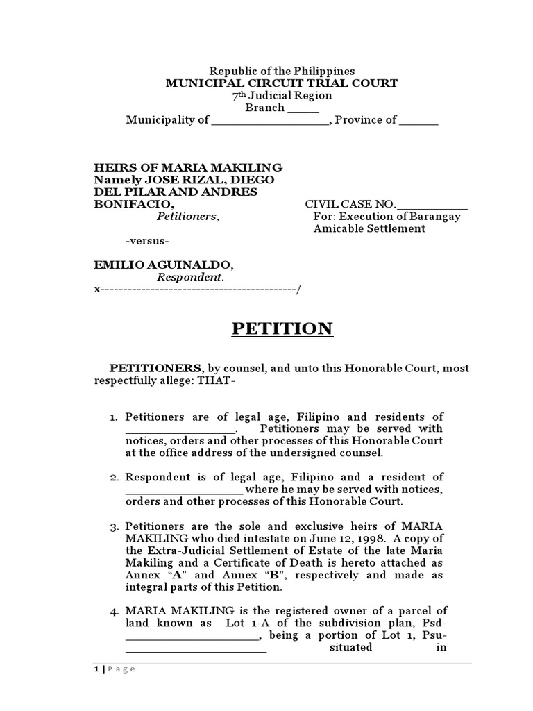 Petition for Barangay Settlement Execution | PDF | Private Law | Civil ...