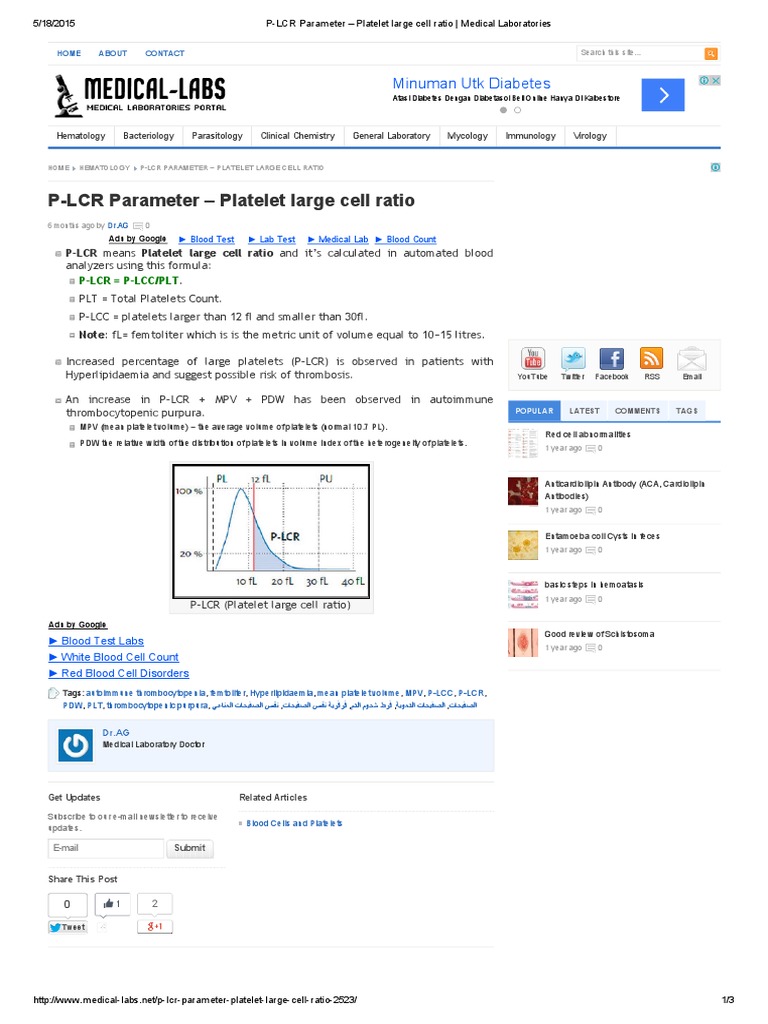 P LCR Parameter Platelet Large Cell Ratio Medical Laboratories PDF ...