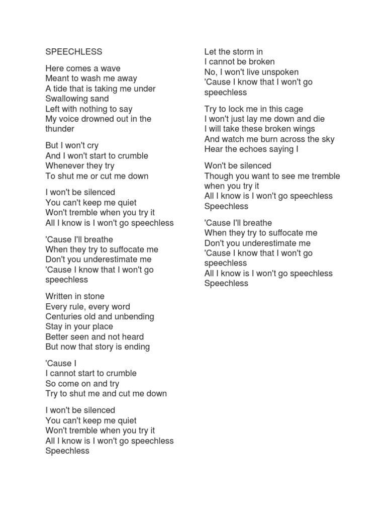 Speechless Lyrics by Naomi Scott | PDF | Poetry