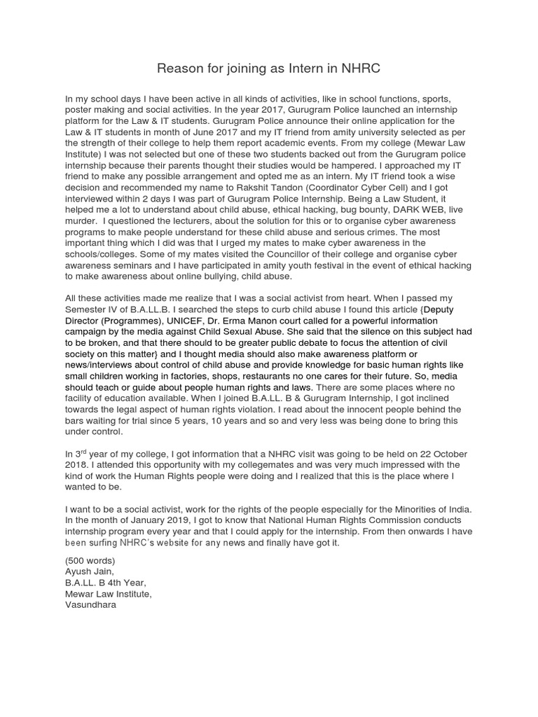 NHRC Internship Statement of Purpose | PDF | Child Abuse | Applied Ethics
