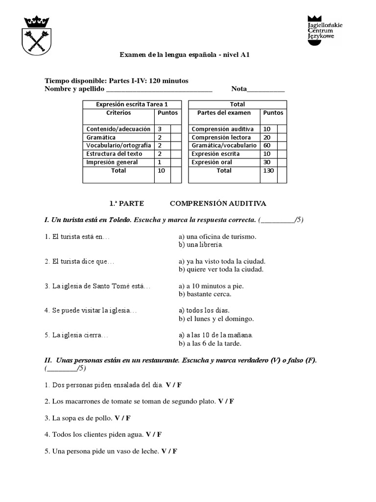 A1 Examen Espanol PDF | PDF | Ocio