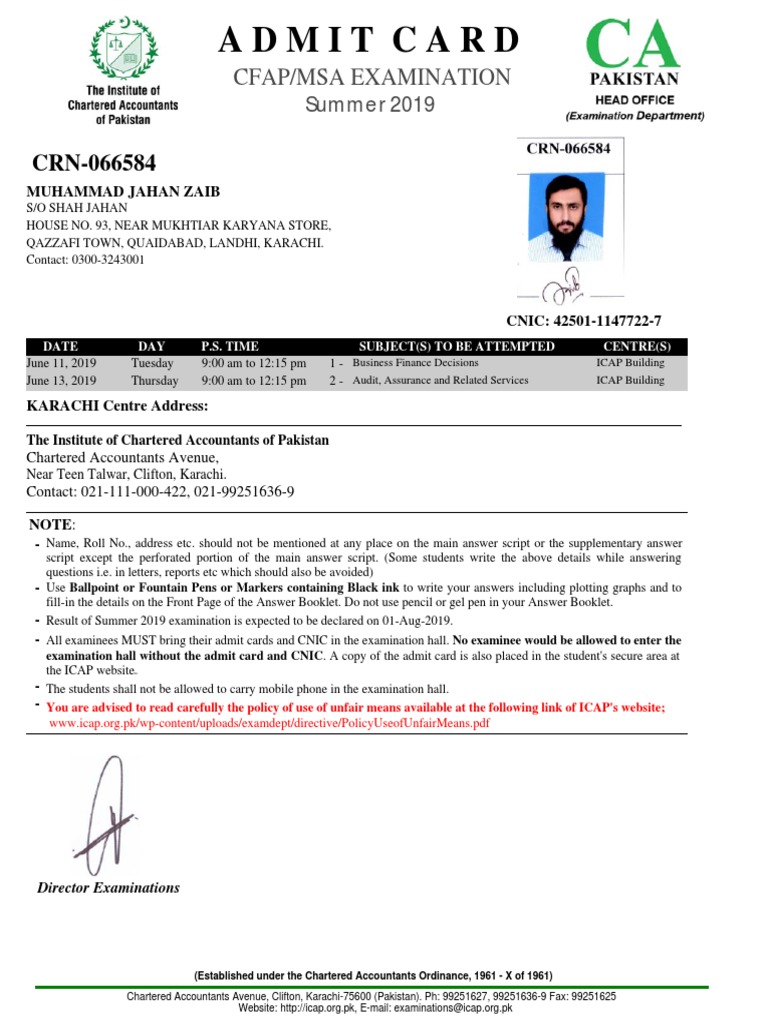 Admit Card for Muhammad Jahan Zaib for the CFAP/MSA Examination in ...
