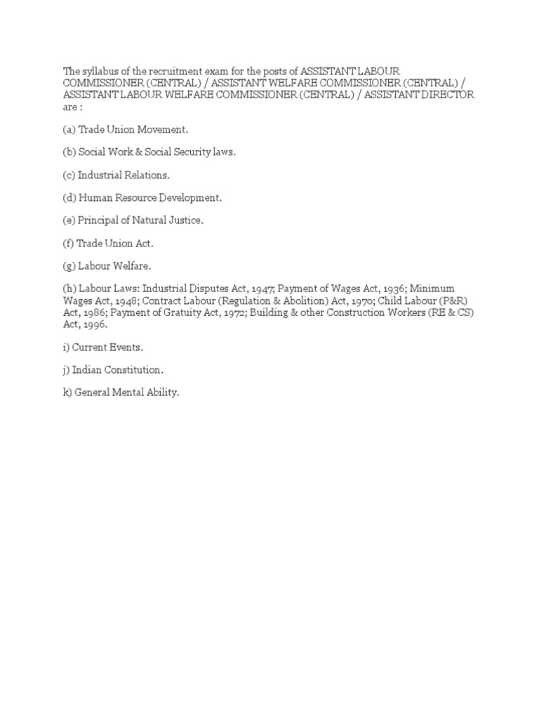 Upsc Assistant Labour Commissioner Exam Syllabus PDF | PDF | Trade ...