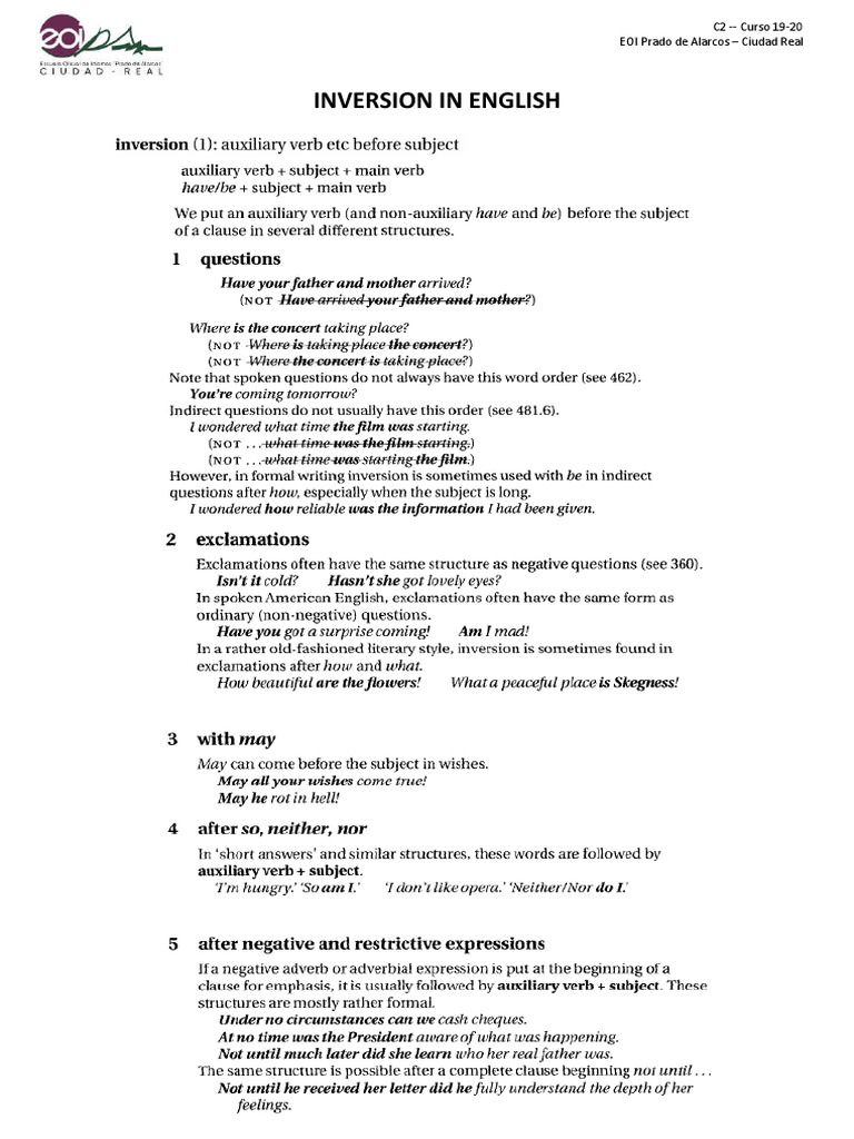 Inversion in English | PDF | Syntax | Grammar