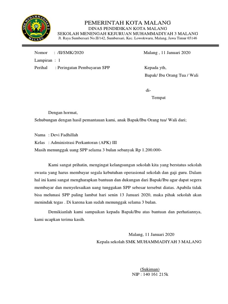 Surat Tunggakan SPP | PDF