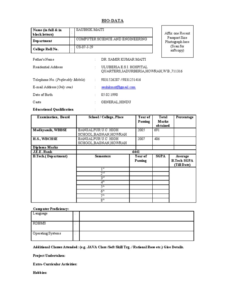 Bio Data Format 6 Sem | PDF | Educational Stages | Computing