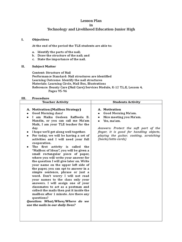 Lesson Plan | PDF | Nail (Anatomy) | Skin