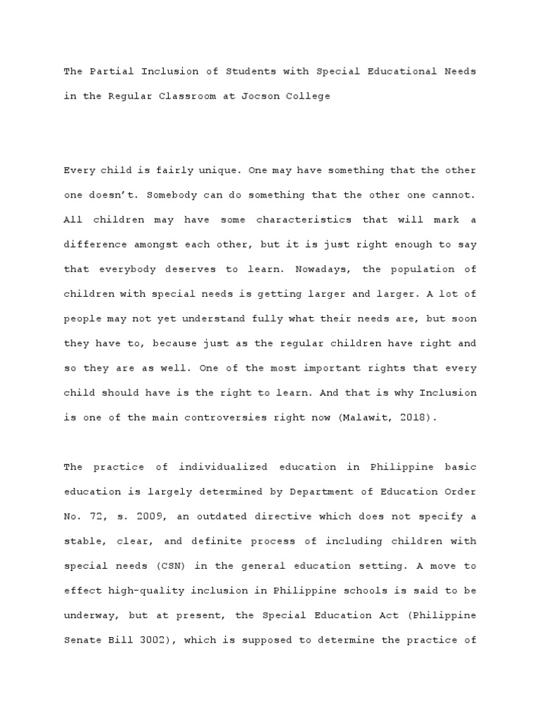 The Partial Inclusion of Students With Special Educational Needs in The ...