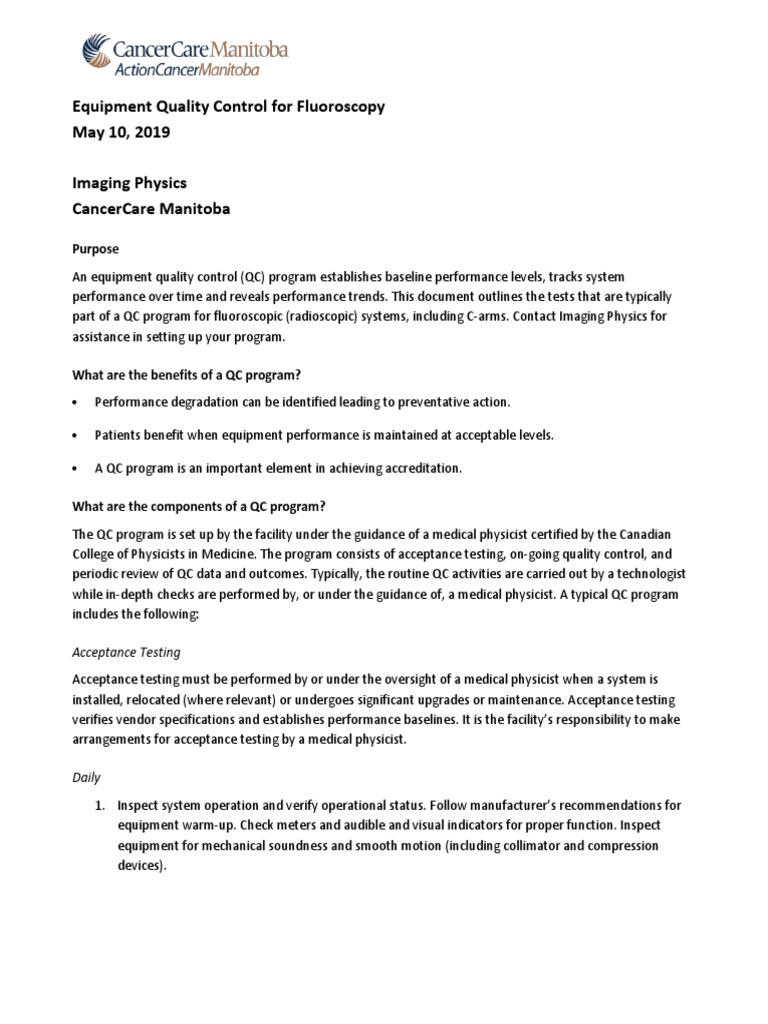 Fluoroscopy QC Guidance May 10 2019 | PDF | Medical Imaging | Radiography