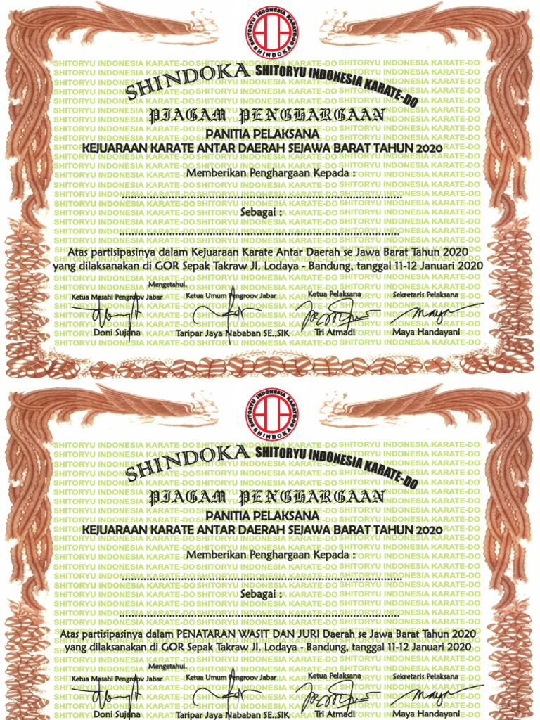 Piagam Kejuirda-Penataran Wasit Juri 2020 PDF | PDF | Karate | East ...