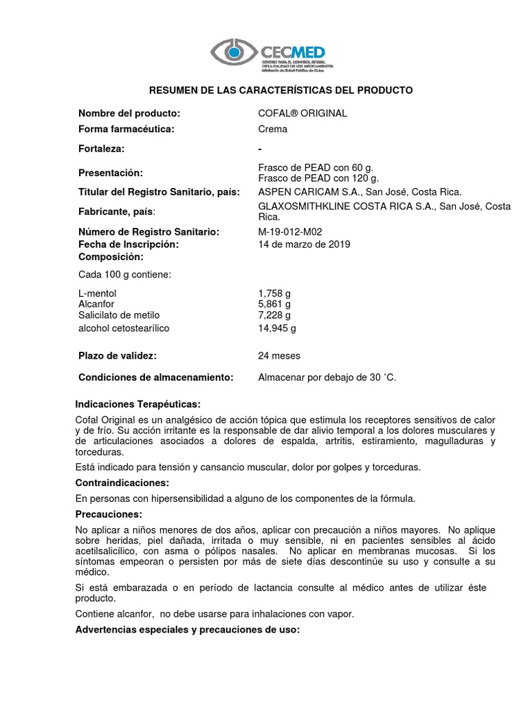 M19012M02-Cofal Original Crema | PDF | Farmacocinética | Medicamentos ...
