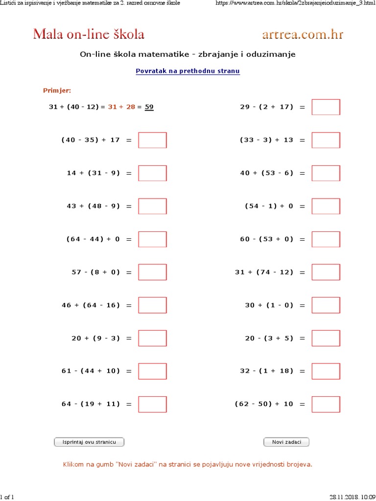 Listići za ispisivanje i vježbanje matematike za 2. razred osnovne ...