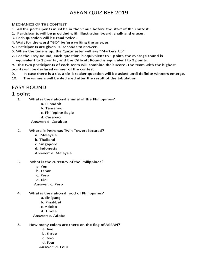 Asean Quiz Bee 2019 | PDF | Association Of Southeast Asian Nations ...